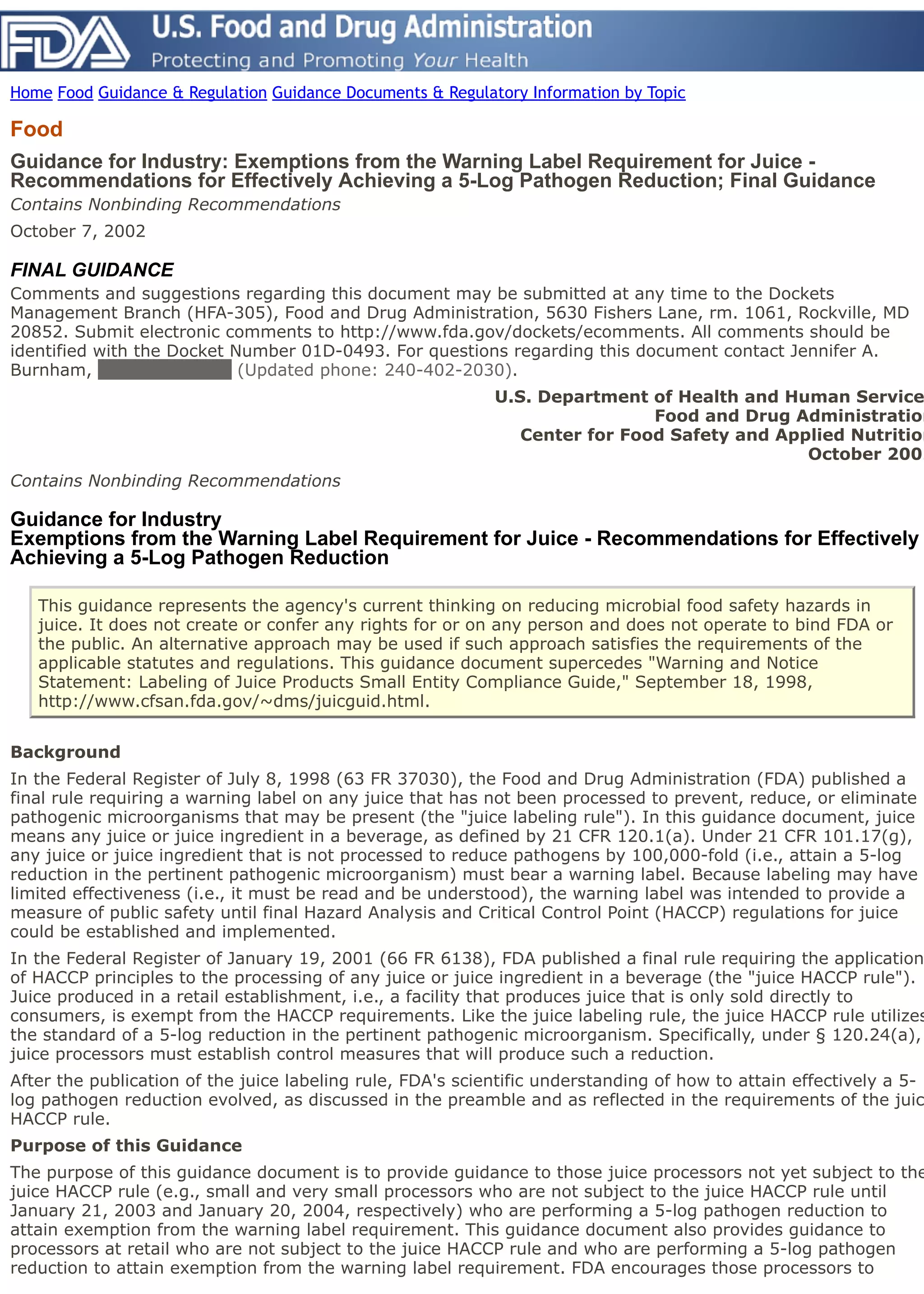 5-log reduction requirements for juices (FDA, 2002) | PDF