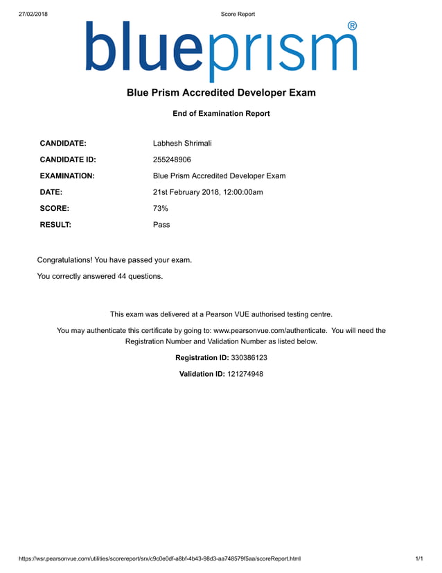 Labhesh ad01 score report Blue Prism | PDF