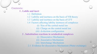 Labile & inert and substitution reactions in octahedral complexes | PPTX