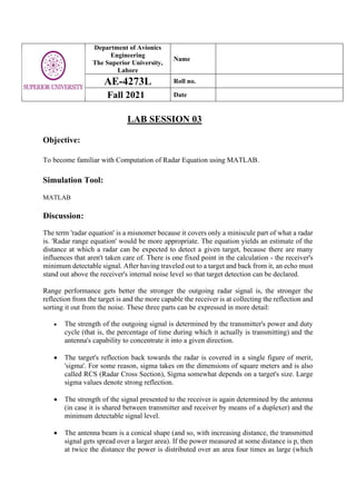 Department of Avionics Engineering The Superior University, Lahore Lab Manual RADAR SYSTEMS AE ...