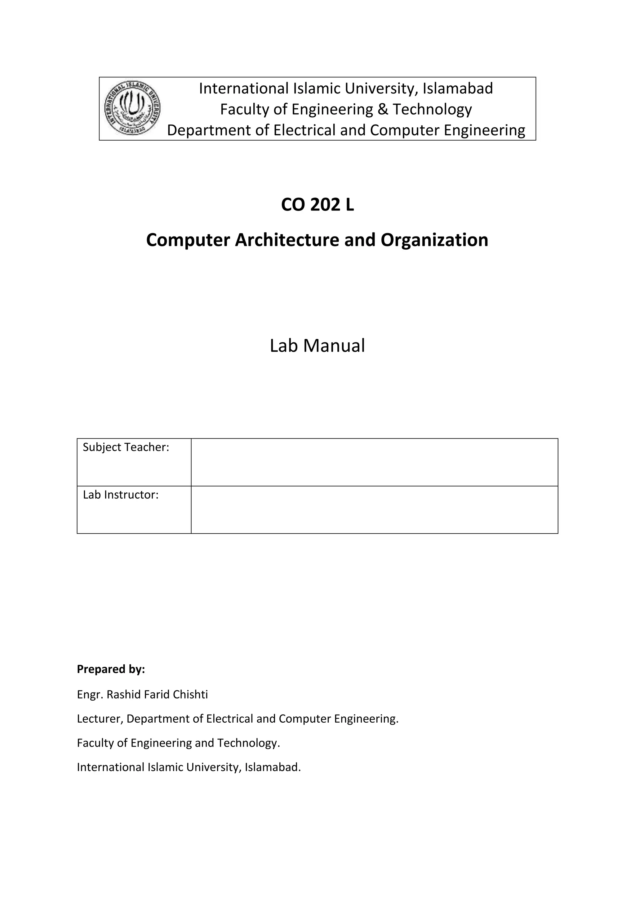 Lab Manual Computer Organization And Architecture Pdf