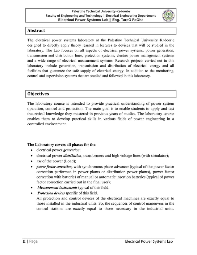 Electrical Power Systems Lab Manual in PTUK | PDF