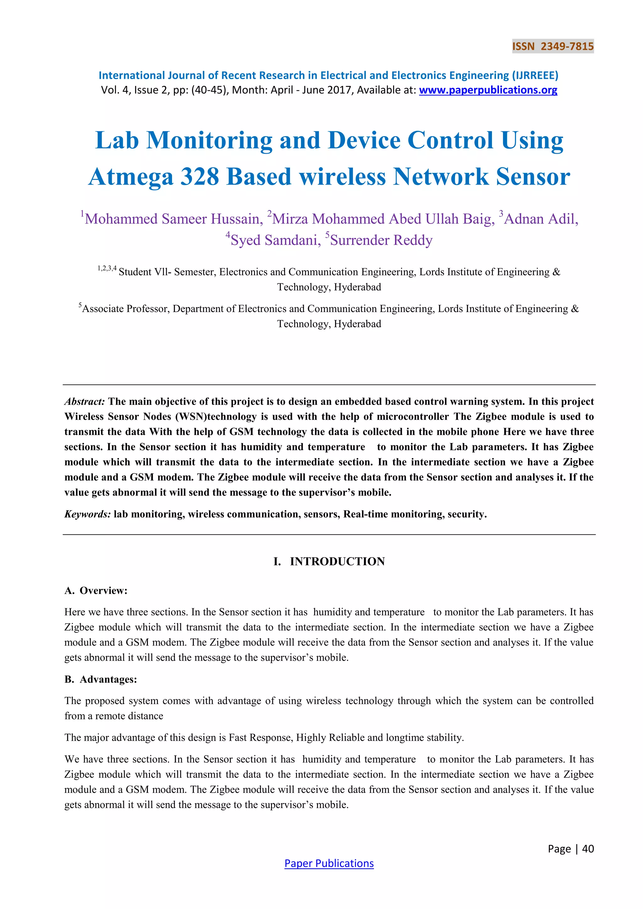 Lab Monitoring And Device Control Using Atmega 328 Based Wireless Network Sensor Pdf