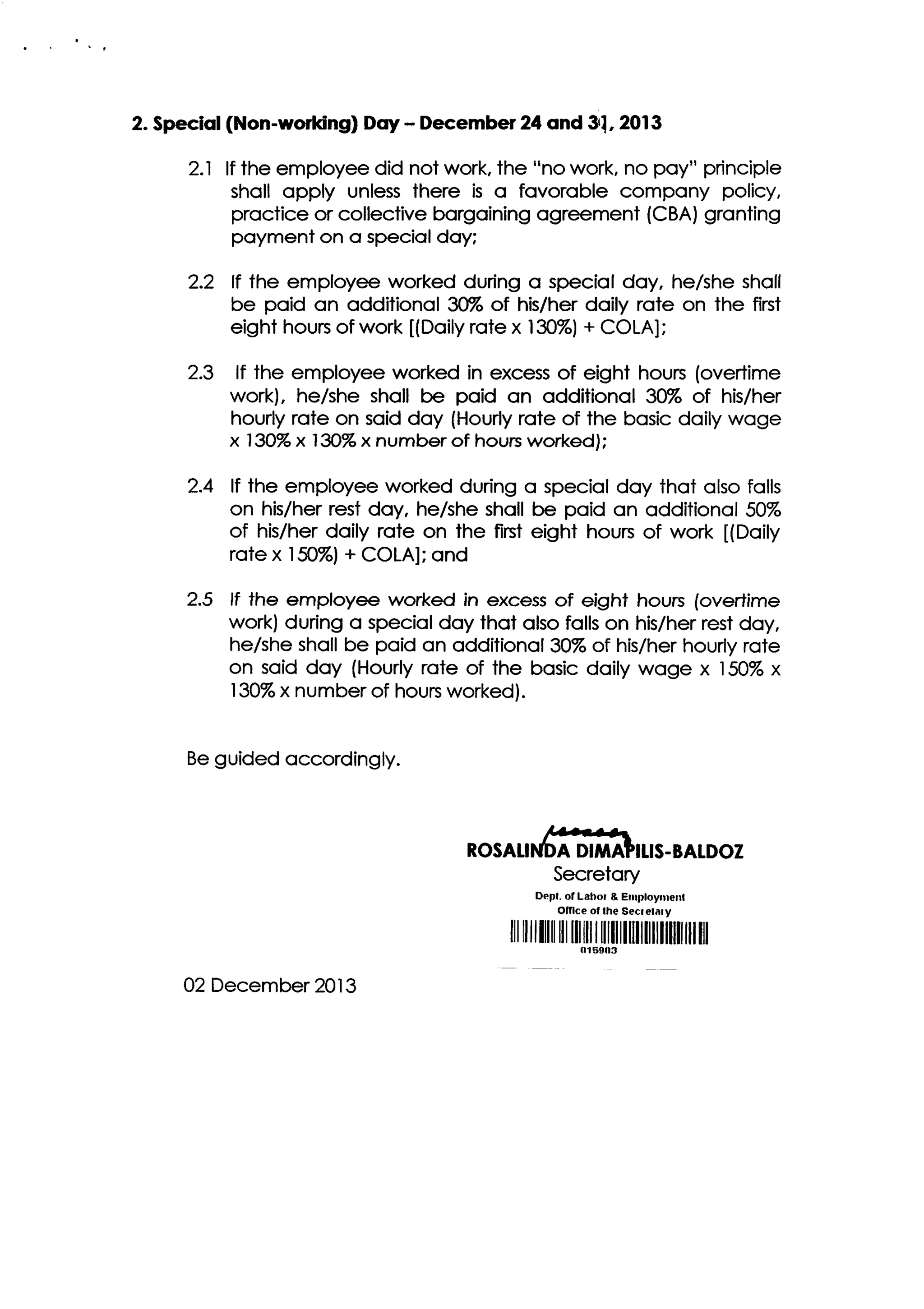 Labor Advisory for the 2013 Holiday Season | PDF