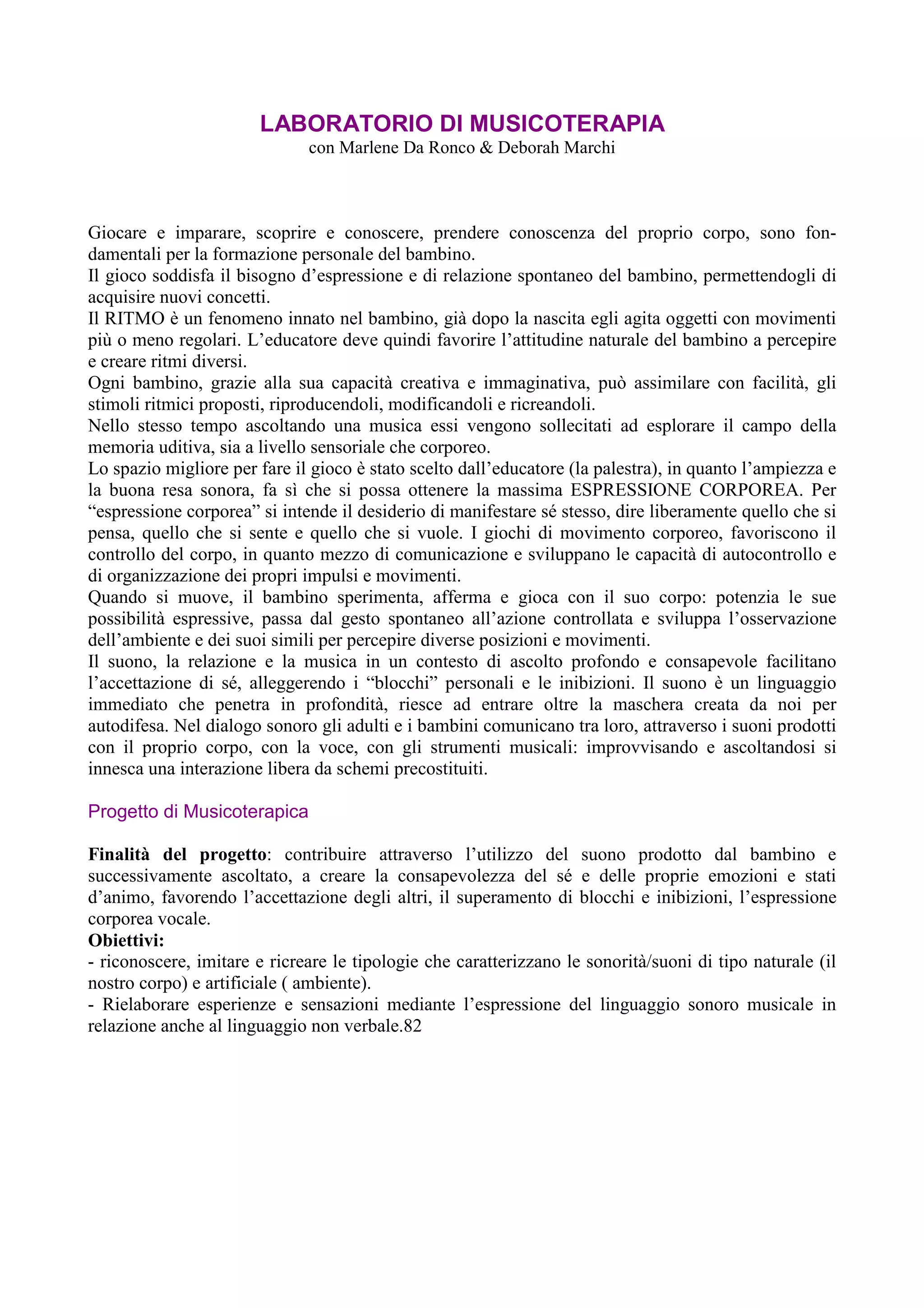 Laboratorio di musicoterapia e | PDF