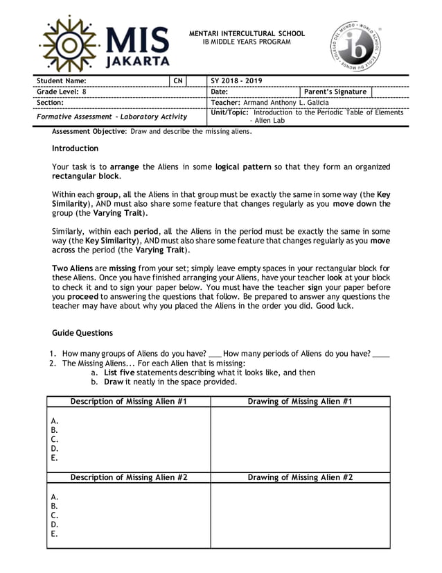 Laboratory activity alien lab - periodic table of elements | DOCX