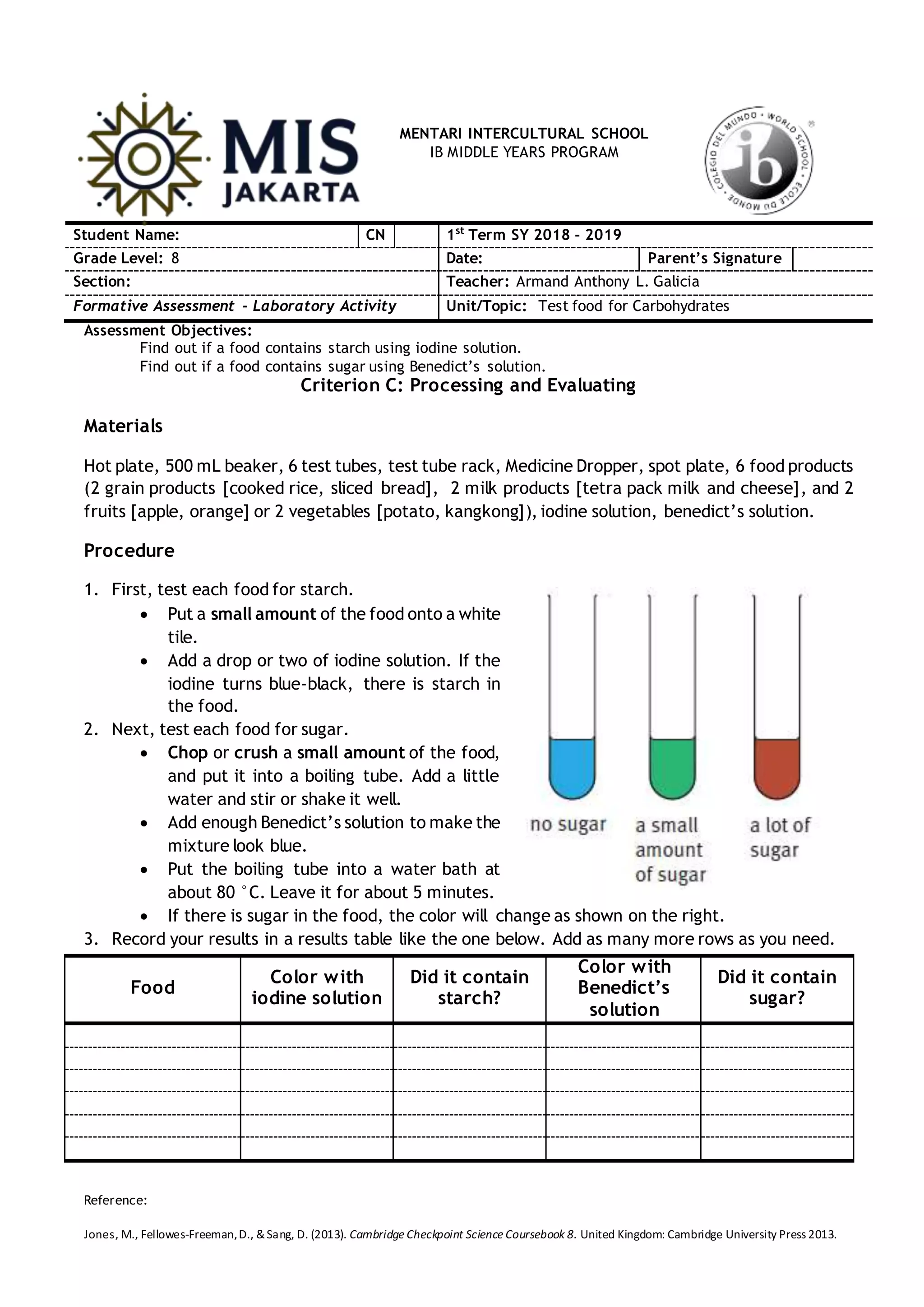 Laboratory activity test food for carbohydrates | DOCX