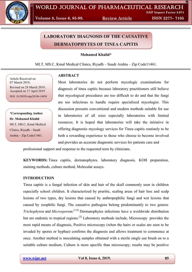 Laboratory diagnosis of the causative dermatophytes of tinea capitis ...