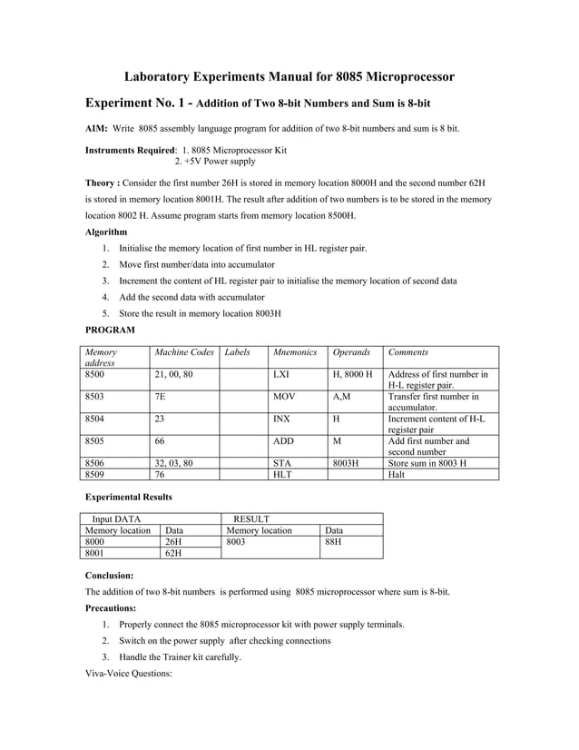 microprocessor Laboratory experiments manual | PDF