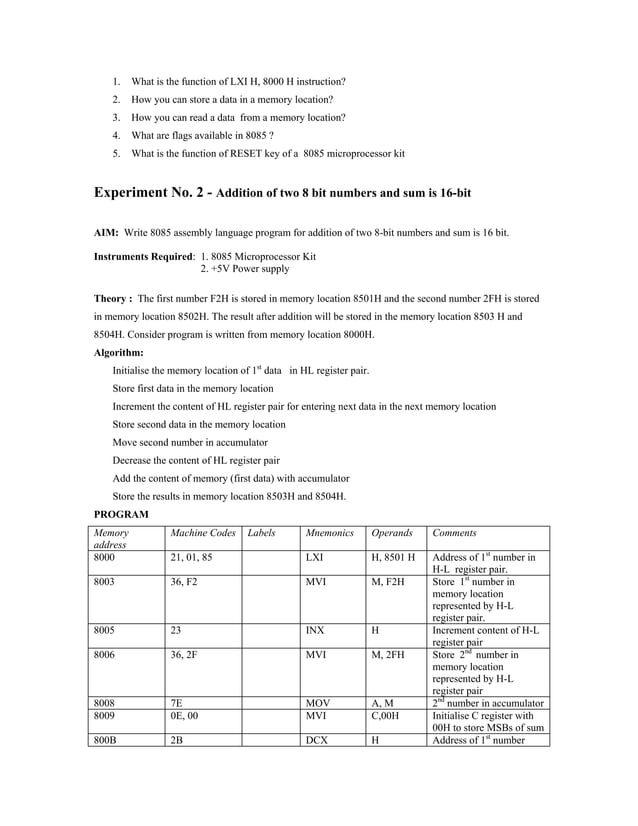 microprocessor Laboratory experiments manual | PDF