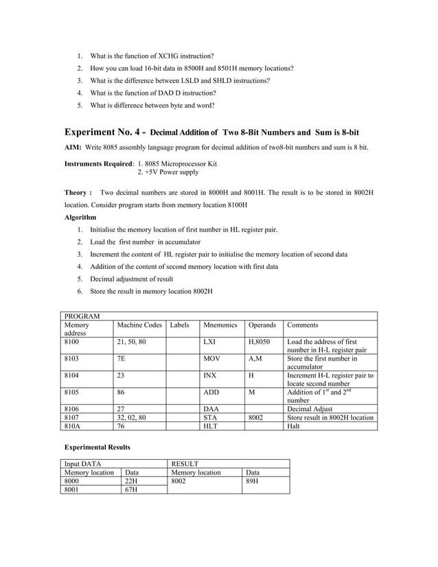 microprocessor Laboratory experiments manual | PDF