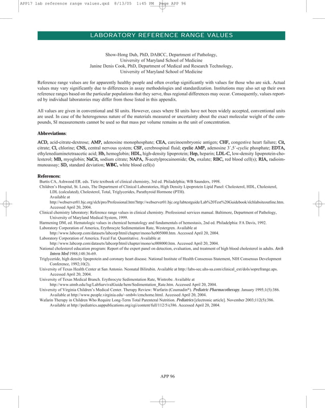 Laboratory reference range values app17 | PDF