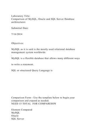Laboratory Title Comparison of MySQL, Oracle and SQL Server Datab.docx