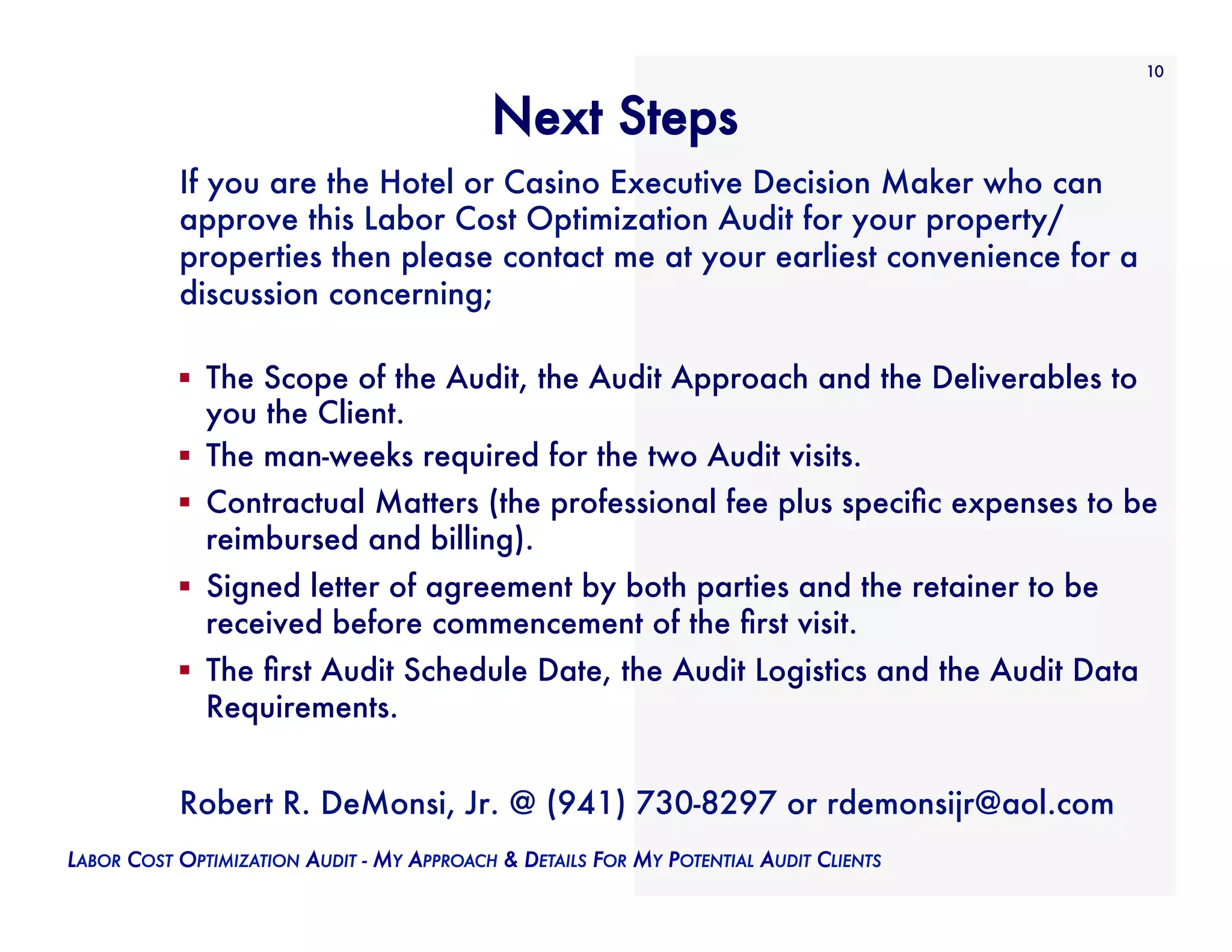 MY HOTEL OR CASINO LABOR COST OPTIMIZATION AUDIT APPROACH & DETAILS | PPT