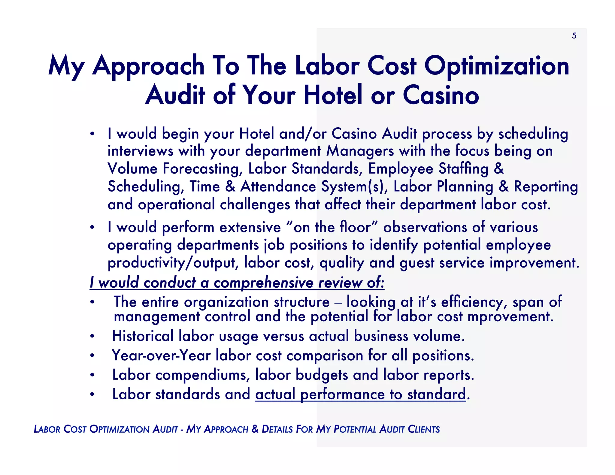MY HOTEL OR CASINO LABOR COST OPTIMIZATION AUDIT APPROACH & DETAILS | PPT
