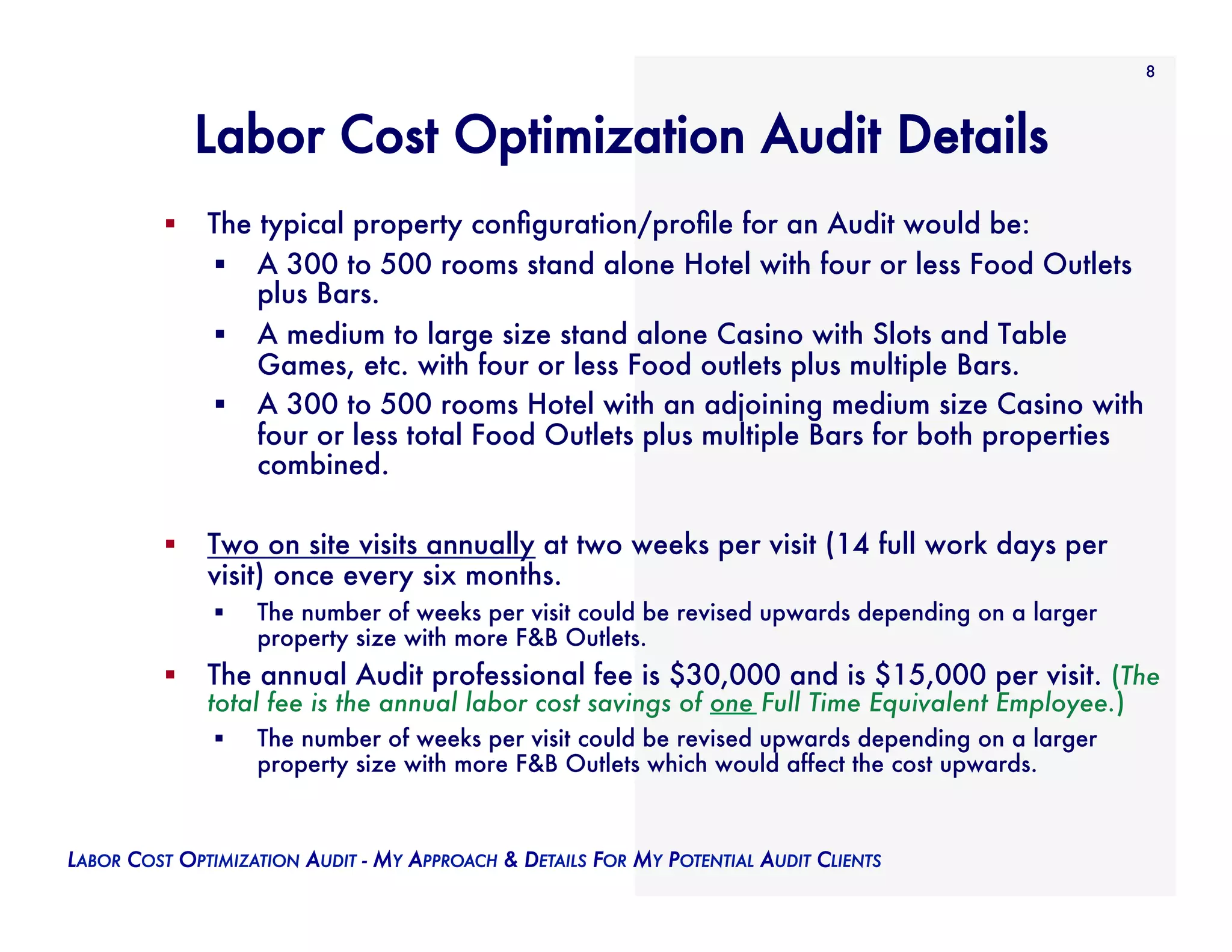 MY HOTEL OR CASINO LABOR COST OPTIMIZATION AUDIT APPROACH & DETAILS | PPT