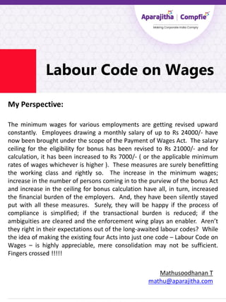 Labour Code On Wages 2019 - Aparajitha Corporate Services | PDF | Business | Business and Finance