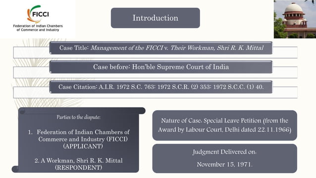 Definition of Industry- Labour and Industrial Law - FICCI v. Workman AIR 1972 | PPT