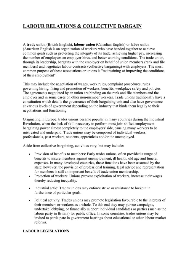 Labour relation and collective bargaining | PDF