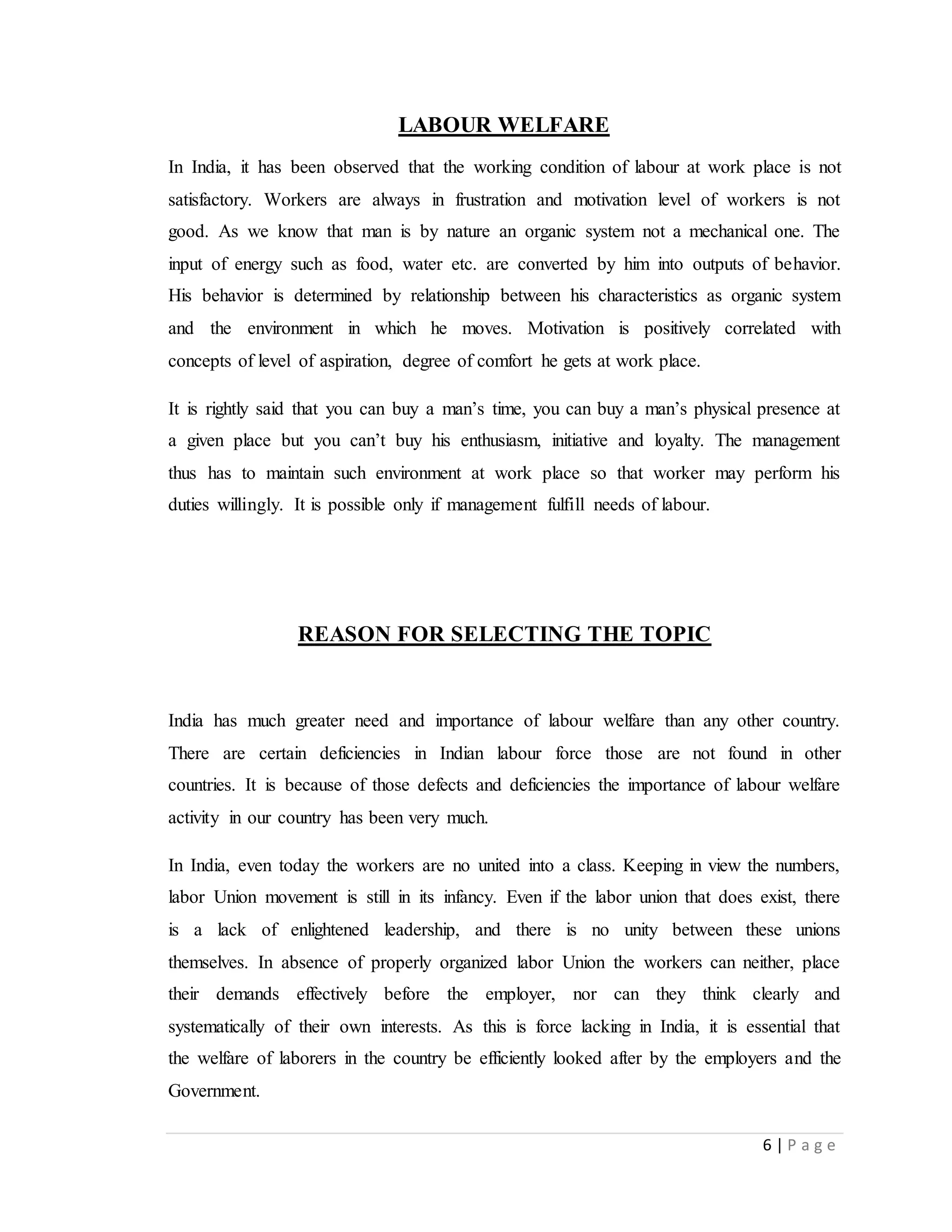 Project Report on Labour Welfare Planning, summer internship MBA HR | DOCX