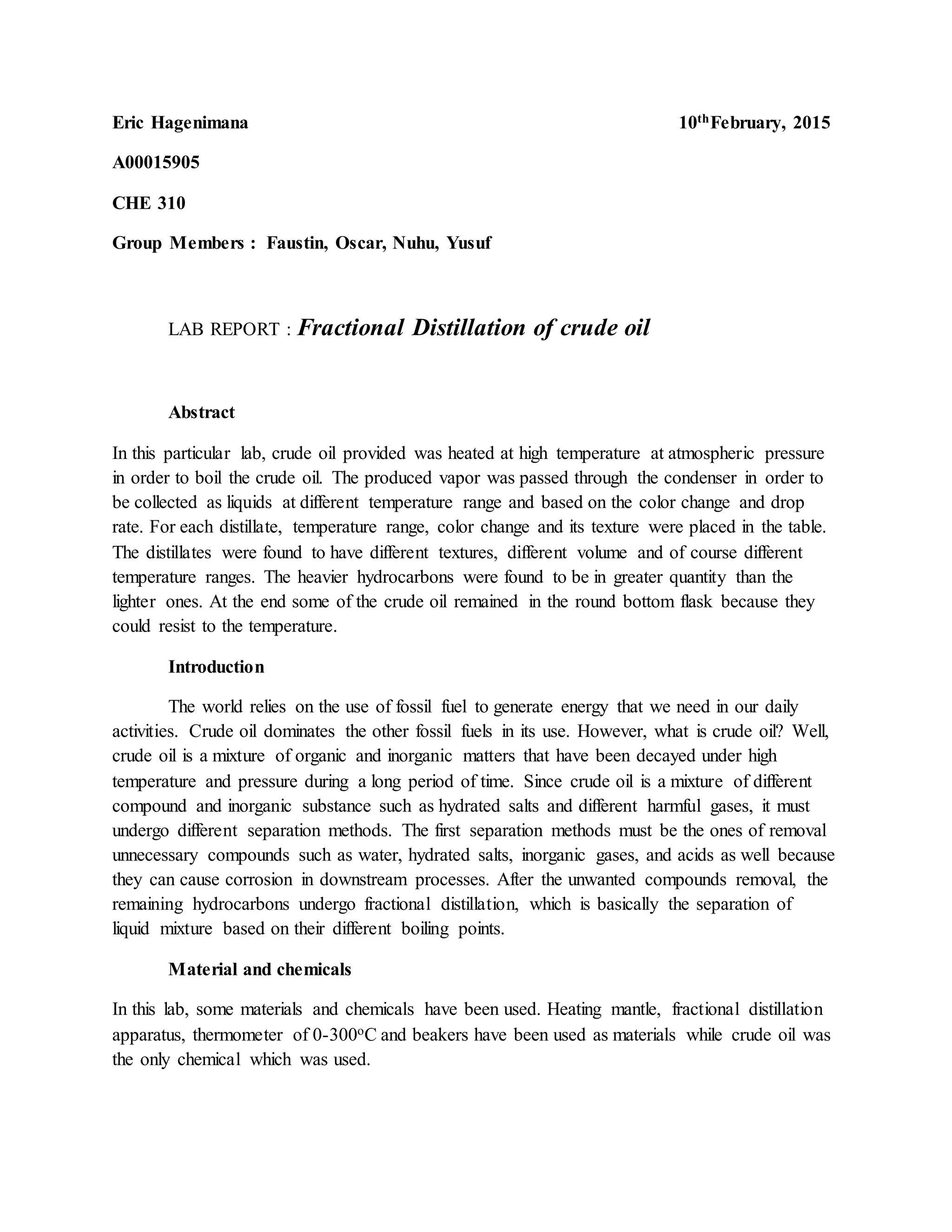 Crude Oil Fractional Distillation | DOCX