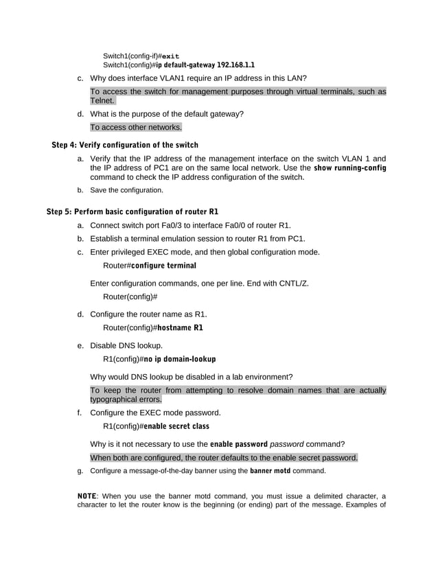 Lab practice 1 configuring basic routing and switching (with answer) | DOC | Computer Networking ...