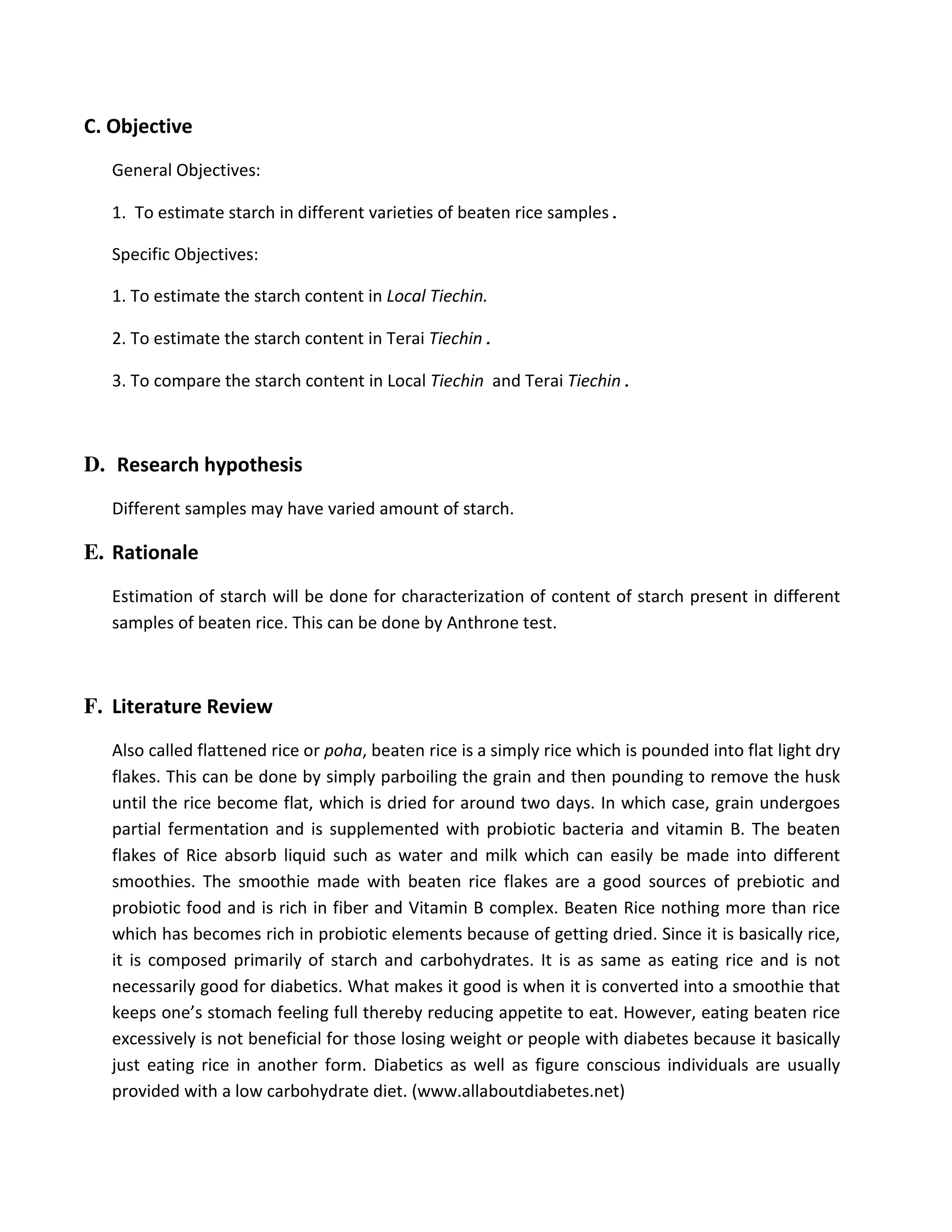 Lab project proposal on estimation of starch in beaten rice samples | PDF