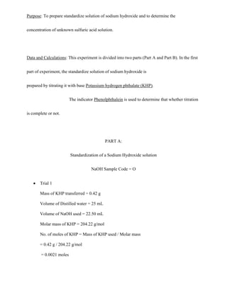Chemistry Lab Report on standardization of acid and bases. | DOCX