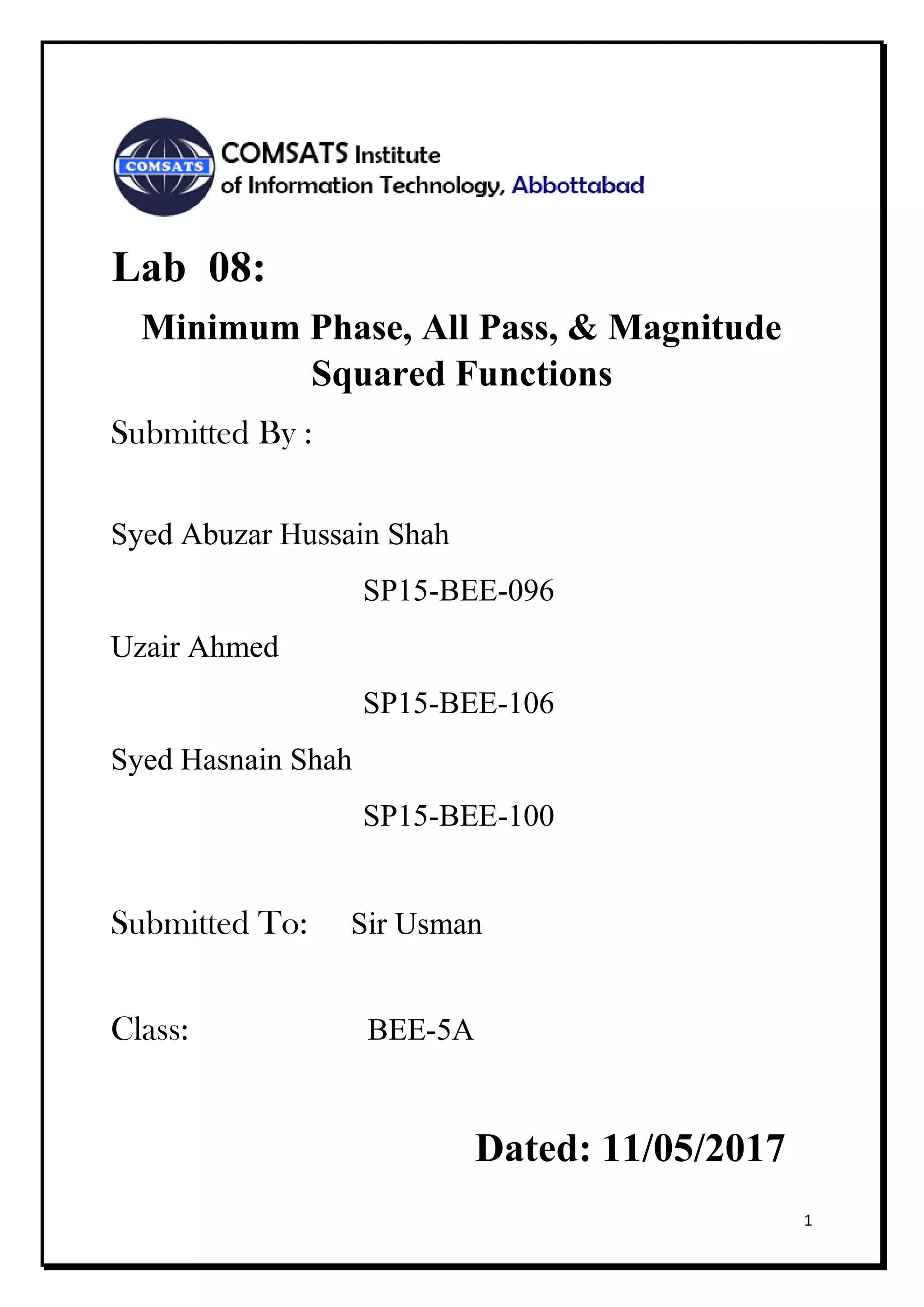 Minimum phase, All pass and Magnitude Squared Function | PDF