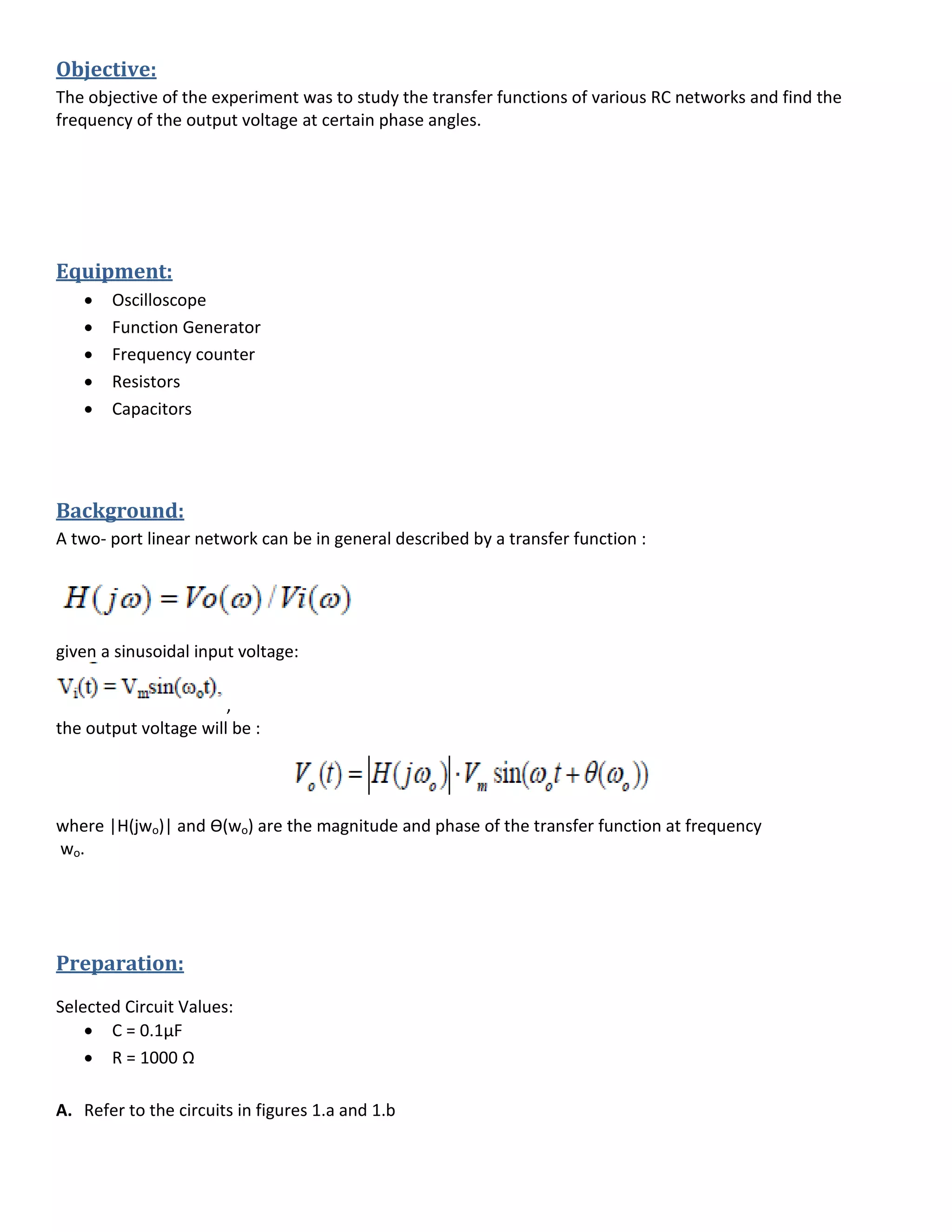 Rc Circuit Transfer Functions With Bode Diagrams Pdf
