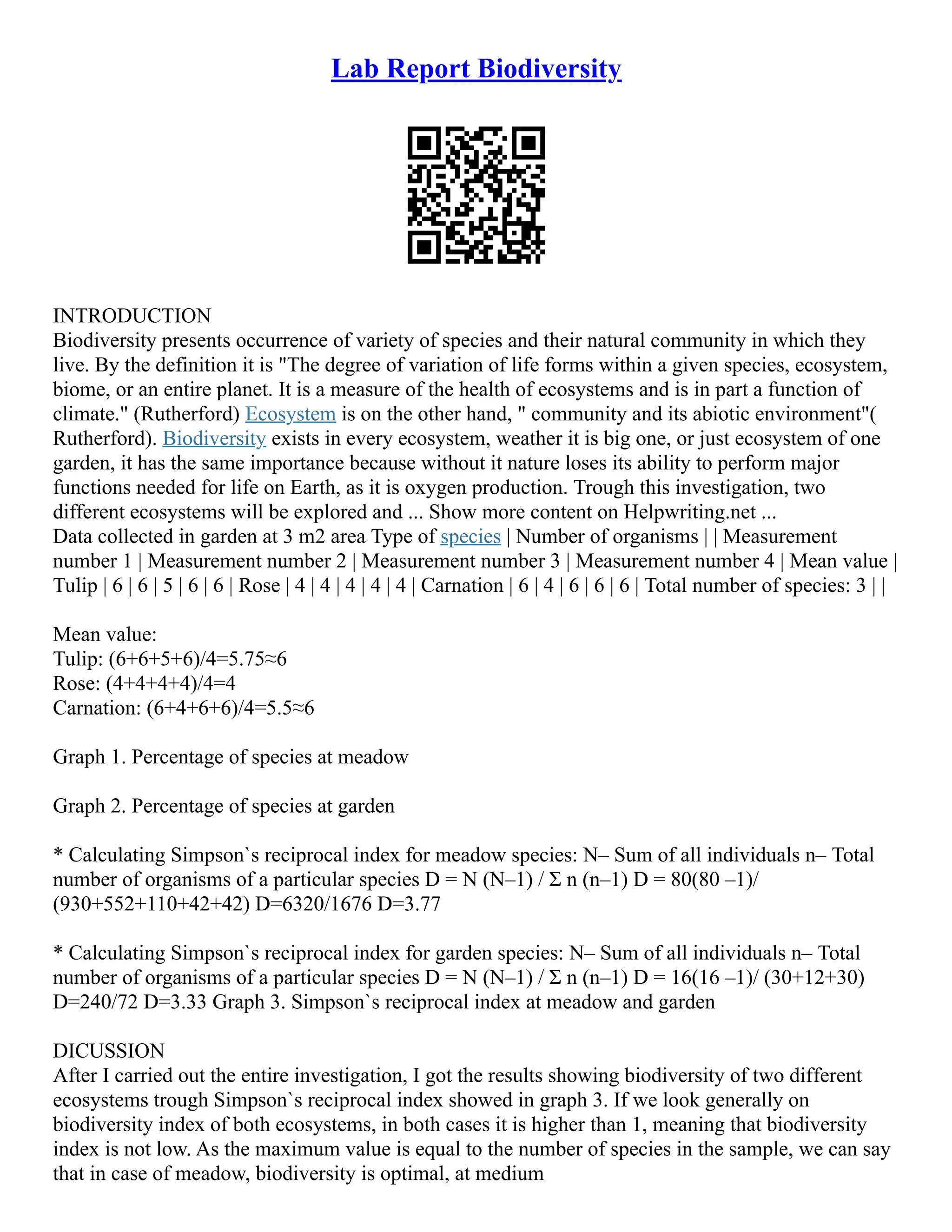 Lab Report Biodiversity | PDF