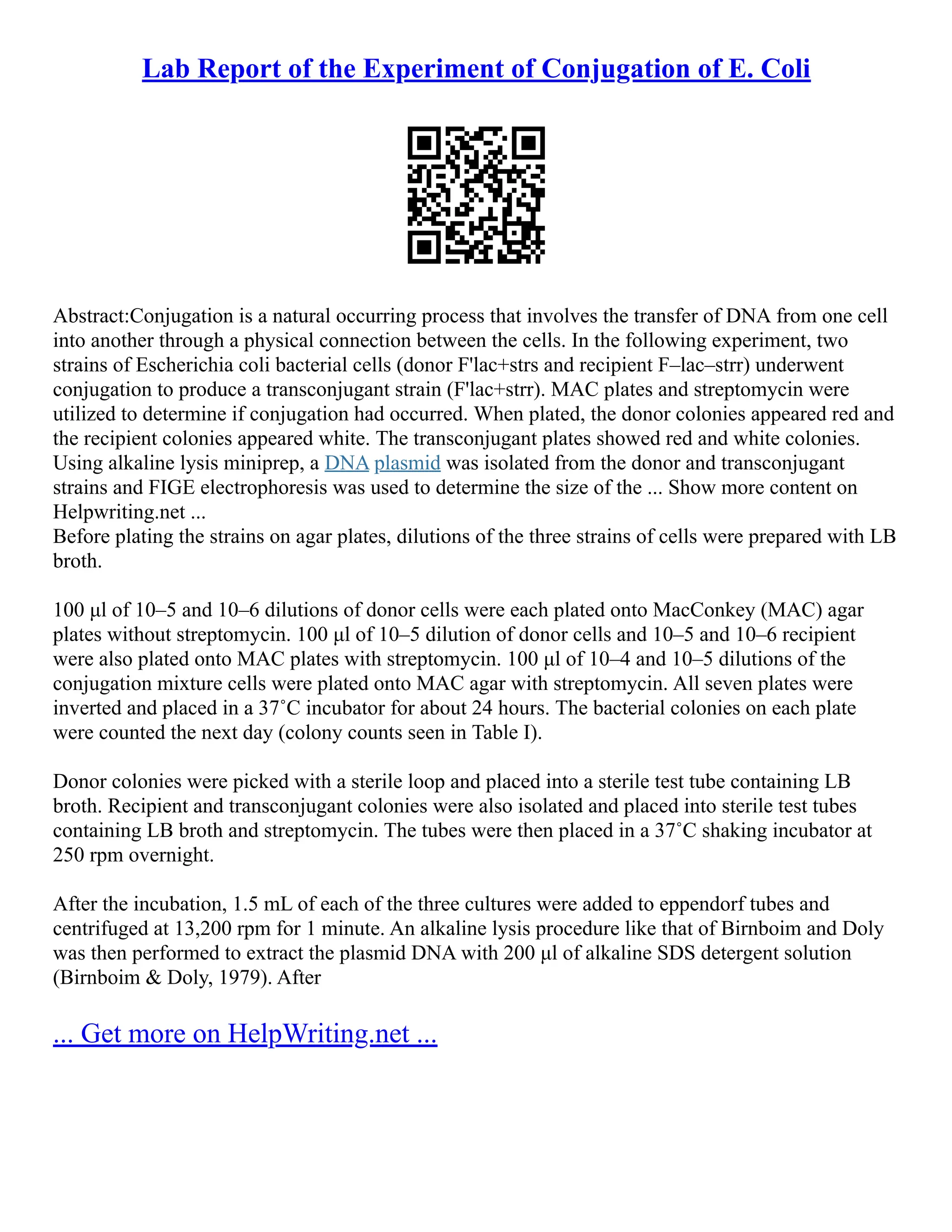 Lab Report Of The Experiment Of Conjugation Of E. Coli | PDF