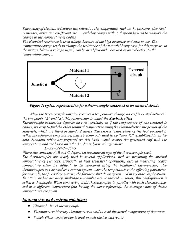 Instrumentation Lab. Experiment #8 Report: Thermocouples | DOCX | Chemistry | Science
