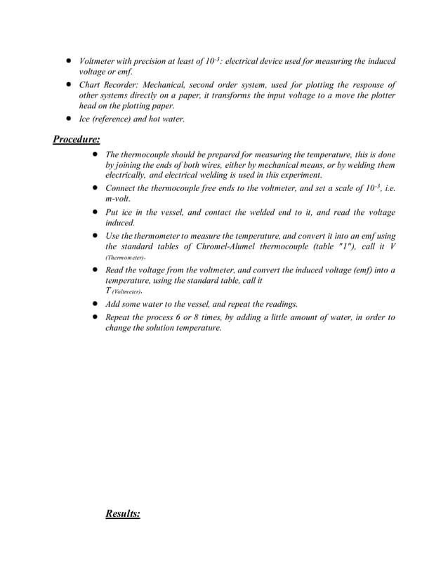 Instrumentation Lab. Experiment #8 Report: Thermocouples | DOCX | Chemistry | Science