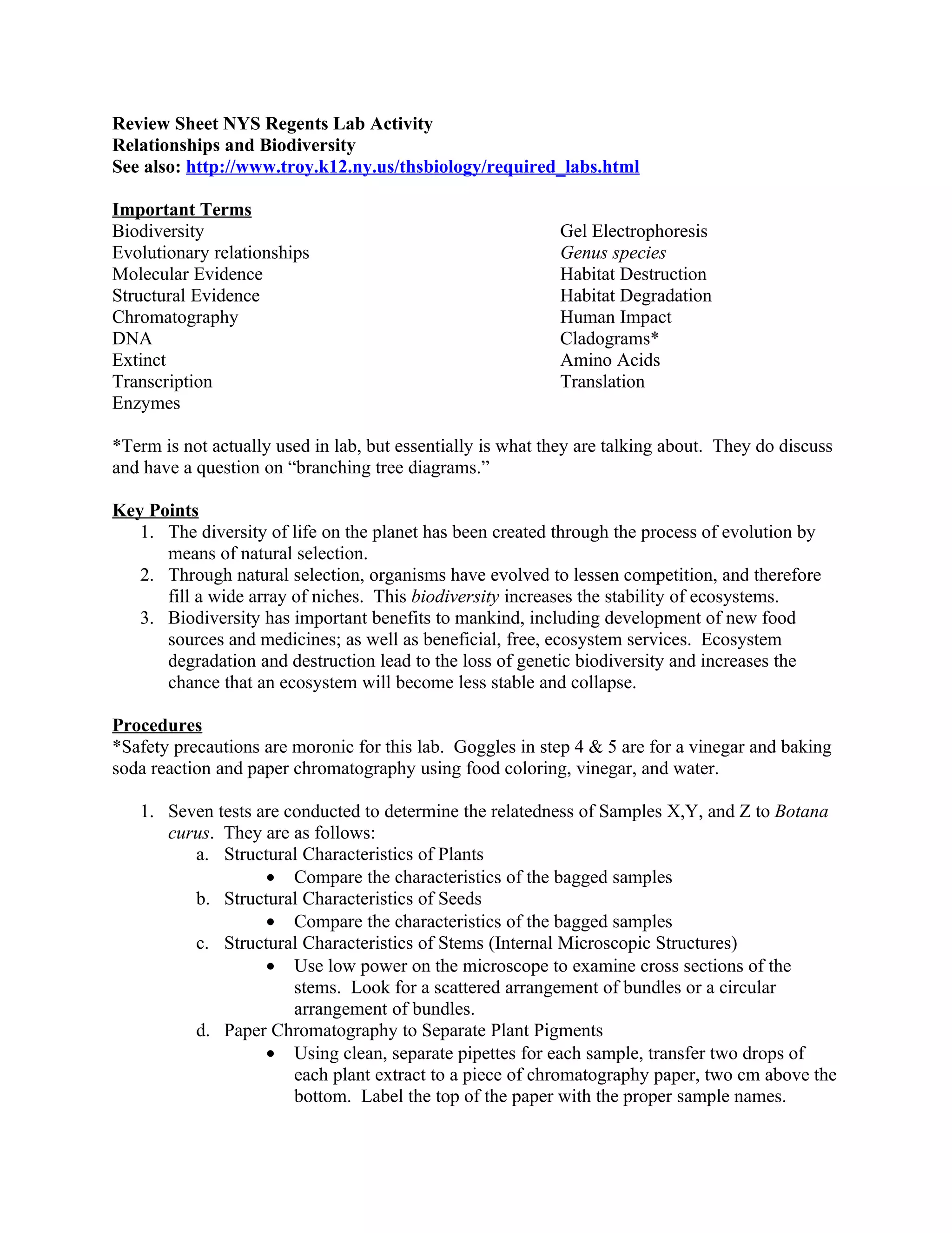 Biology - Part D Regents Review - Relationships and Biodiversity | DOC