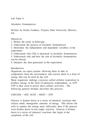 Lab topic 6 alcoholic fermentationwritten by nickie cauthen | DOCX