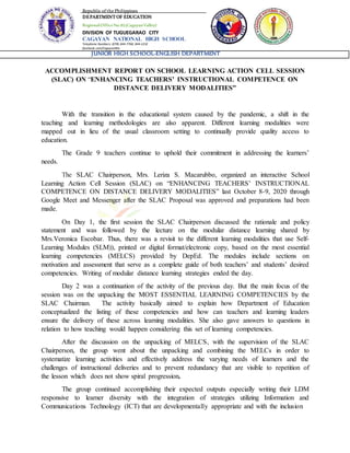 Narrative Report Inset Teachers Learning