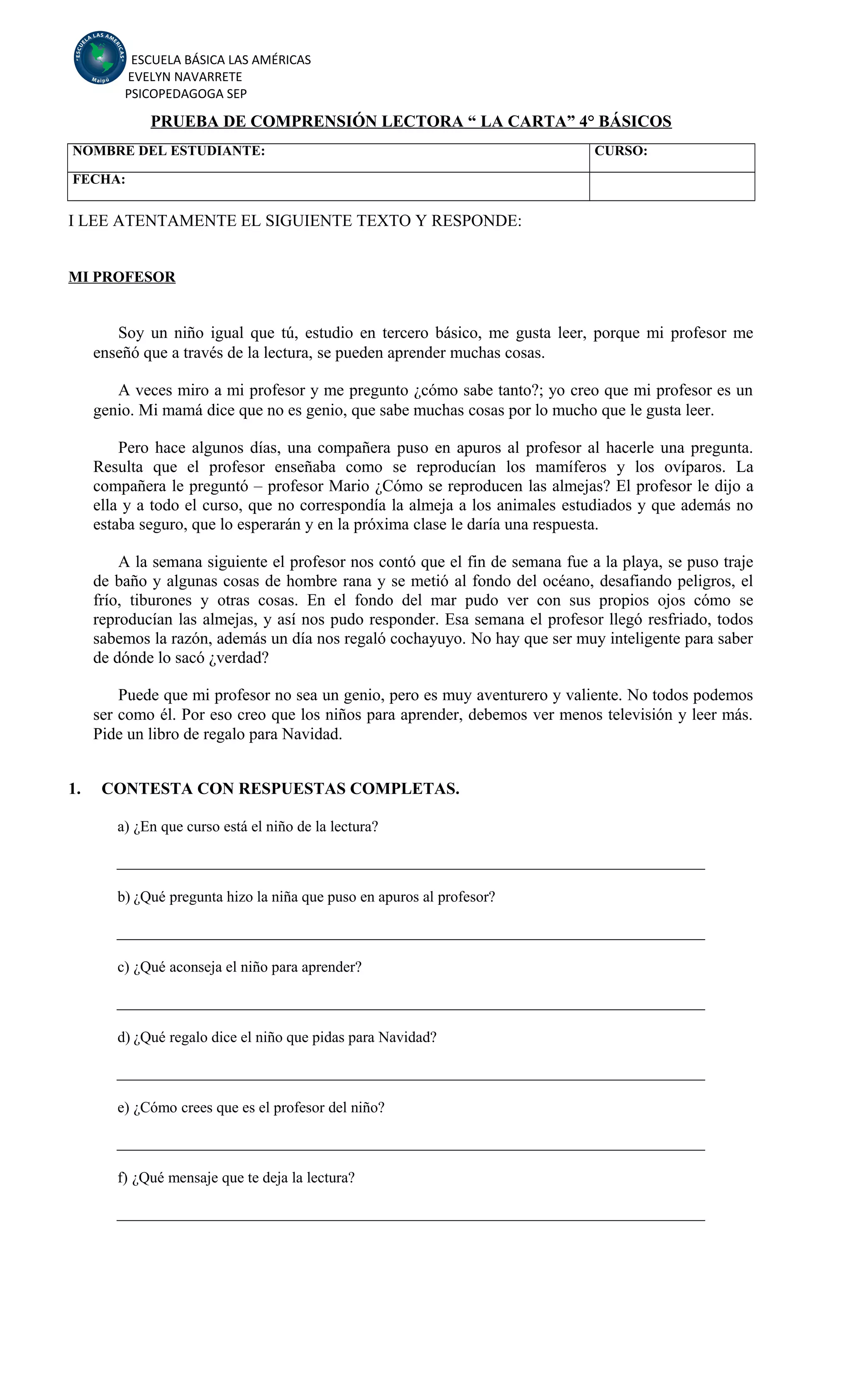 La carta comprensión lectora 4° básicos | DOC