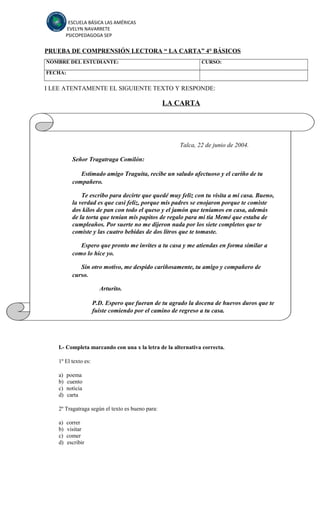 La carta comprensión lectora 4° básicos | DOC