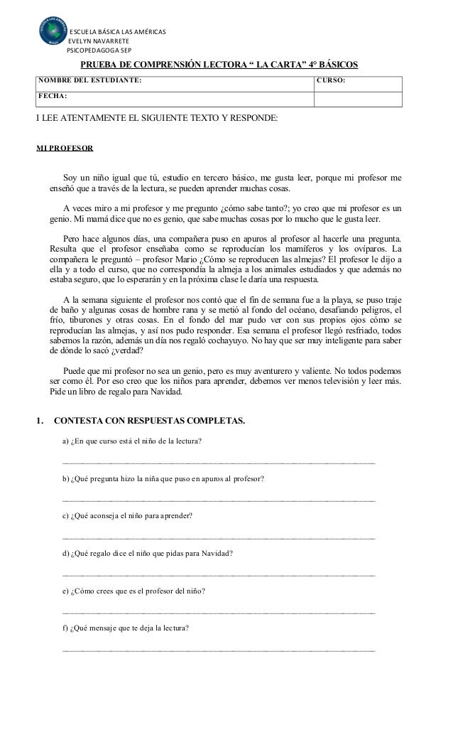 La carta comprensión lectora 4° básicos