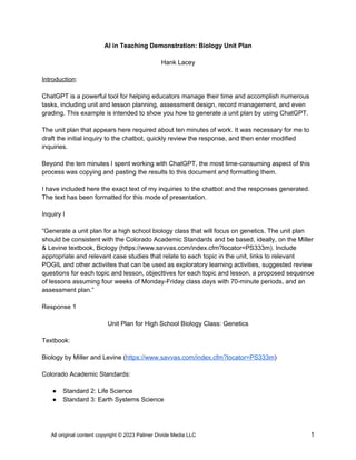 Comprehensive High School Biology Unit Plan on Genetics Using AI | DOCX