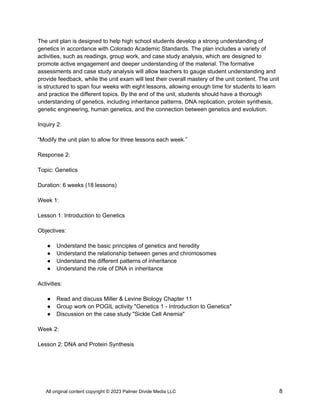 Comprehensive High School Biology Unit Plan on Genetics Using AI | DOCX