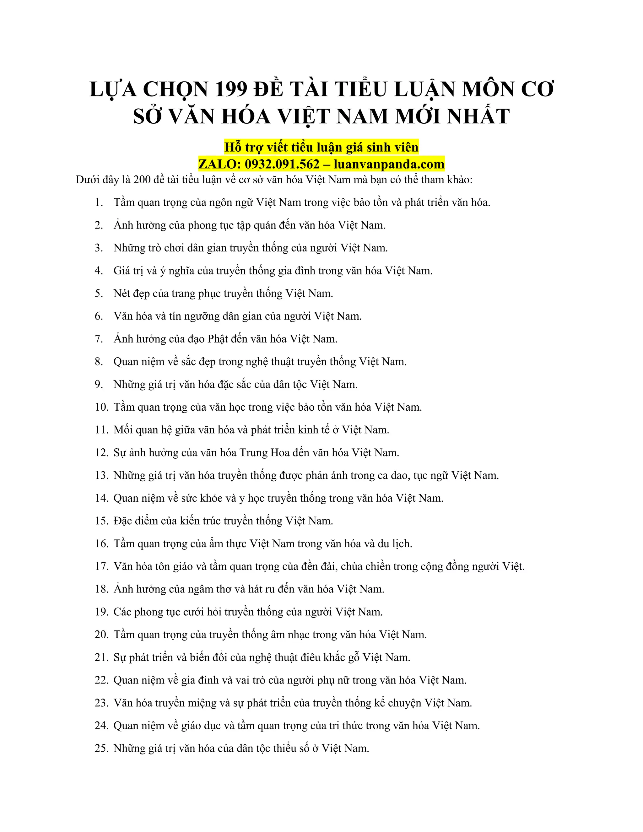 Lựa Chọn 199 Đề Tài Tiểu Luận Môn Cơ Sở Văn Hóa Việt Nam Mới Nhất | DOCX