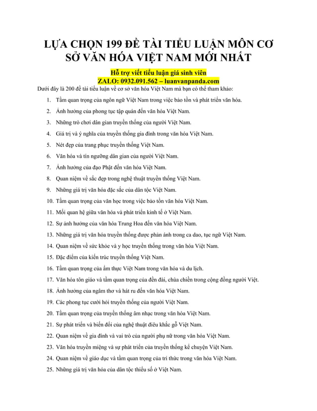 Lựa Chọn 199 Đề Tài Tiểu Luận Môn Cơ Sở Văn Hóa Việt Nam Mới Nhất | DOCX