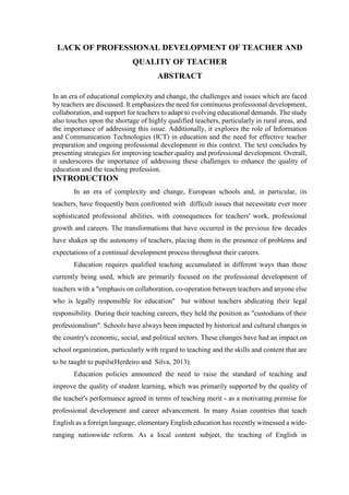 LACK OF PROFESSIONAL DEVELOPMENT AND QUALITY OF TEACHER | PDF