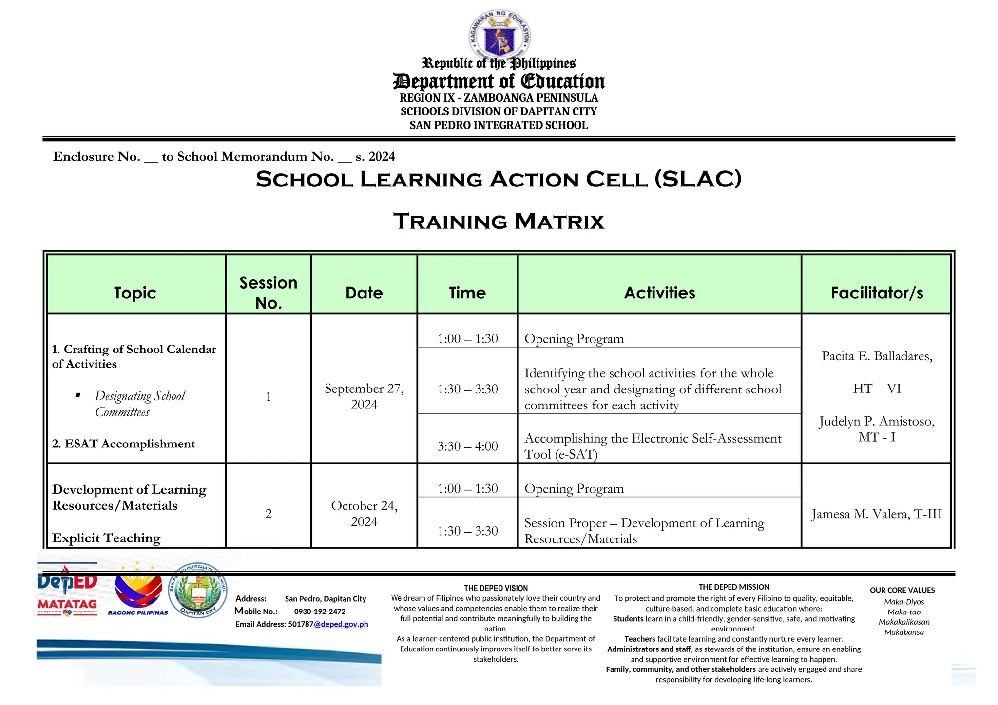 School Based Learning Action Cell Matrix | DOCX