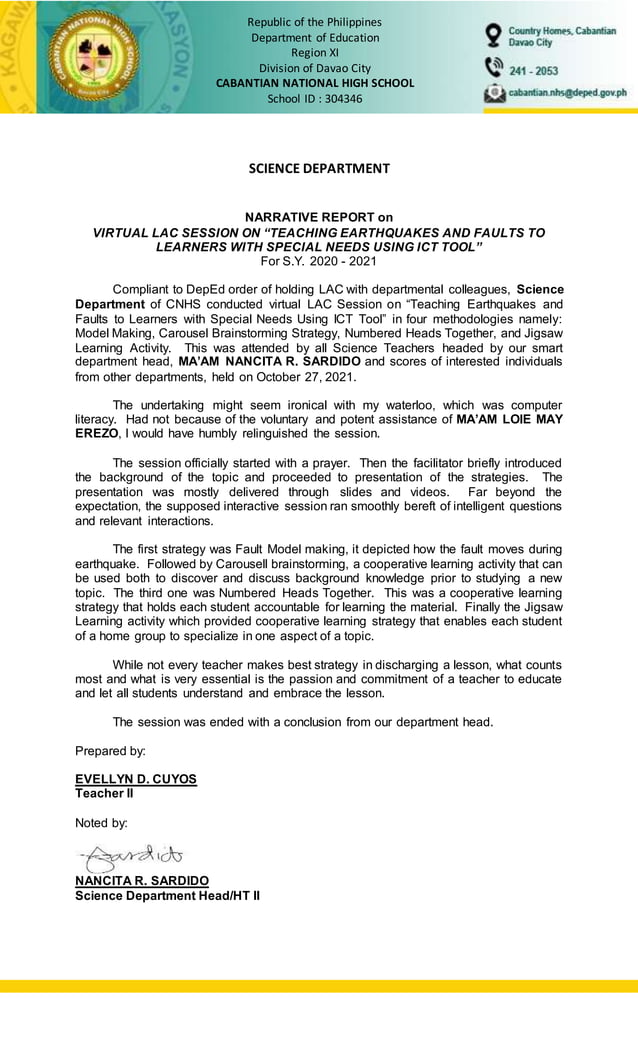 LAC Narrative Report 2021.docx | Secondary Education | Education