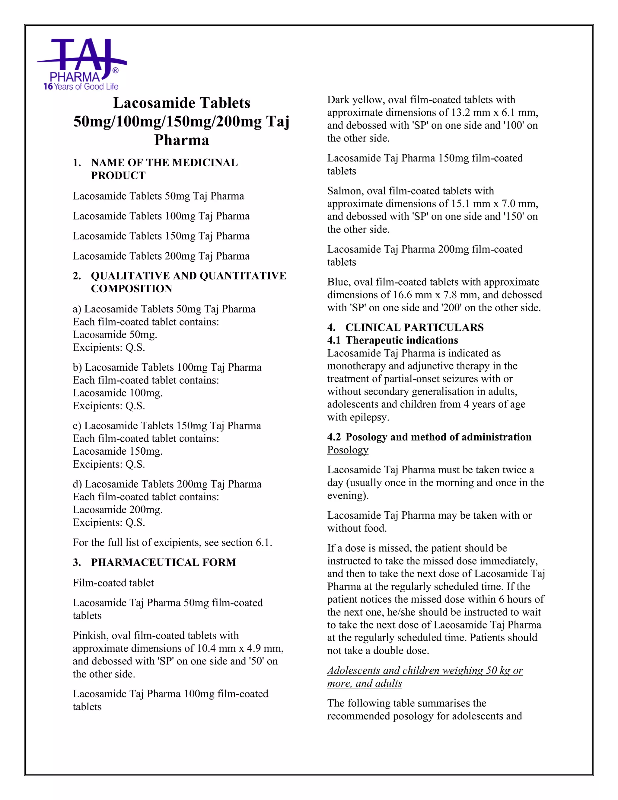 Lacosamide Tablets Taj Pharma SmPC | PDF