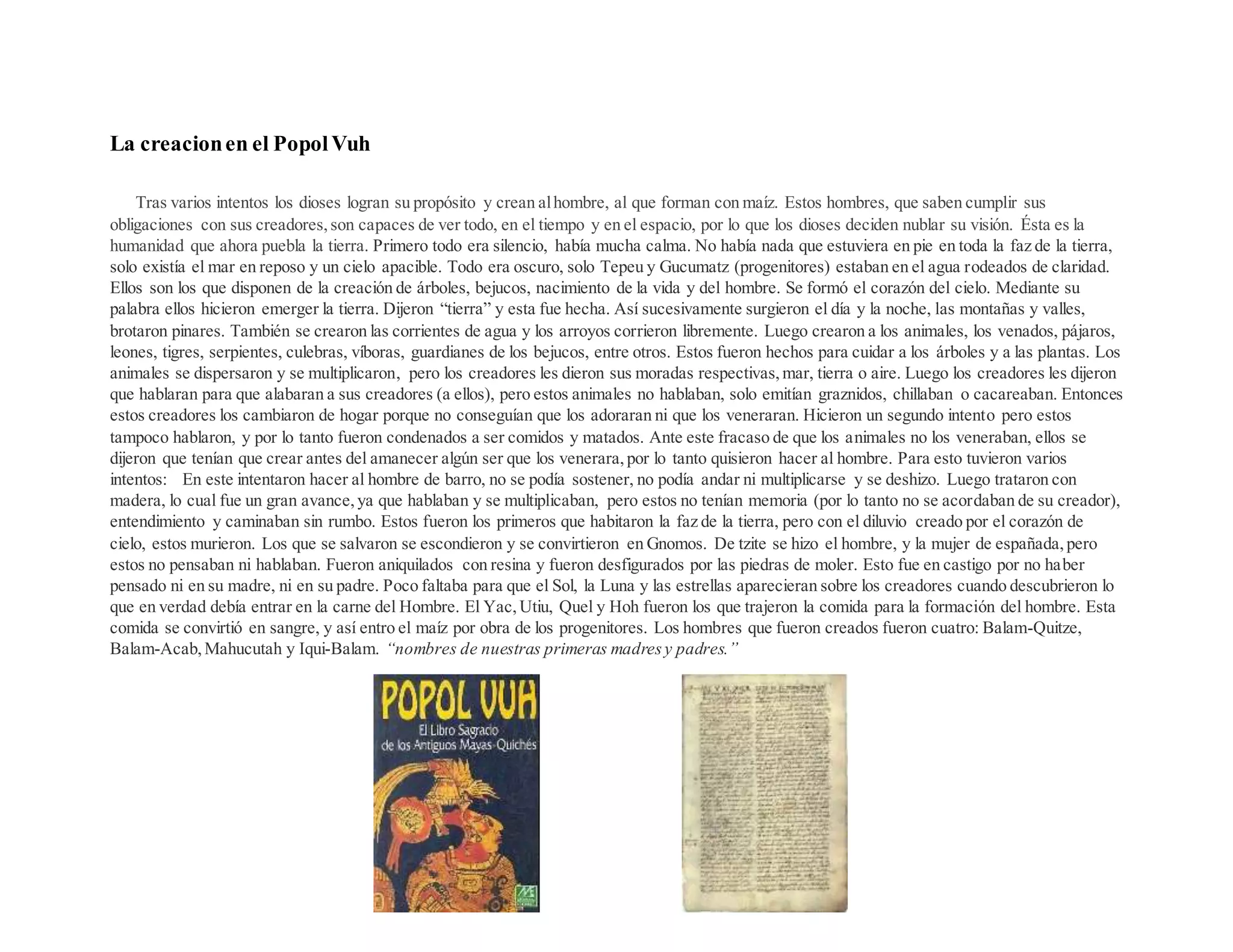 La Creación en el Popol Huh y Relación entre el Popol Vuh y la Biblia | PPT