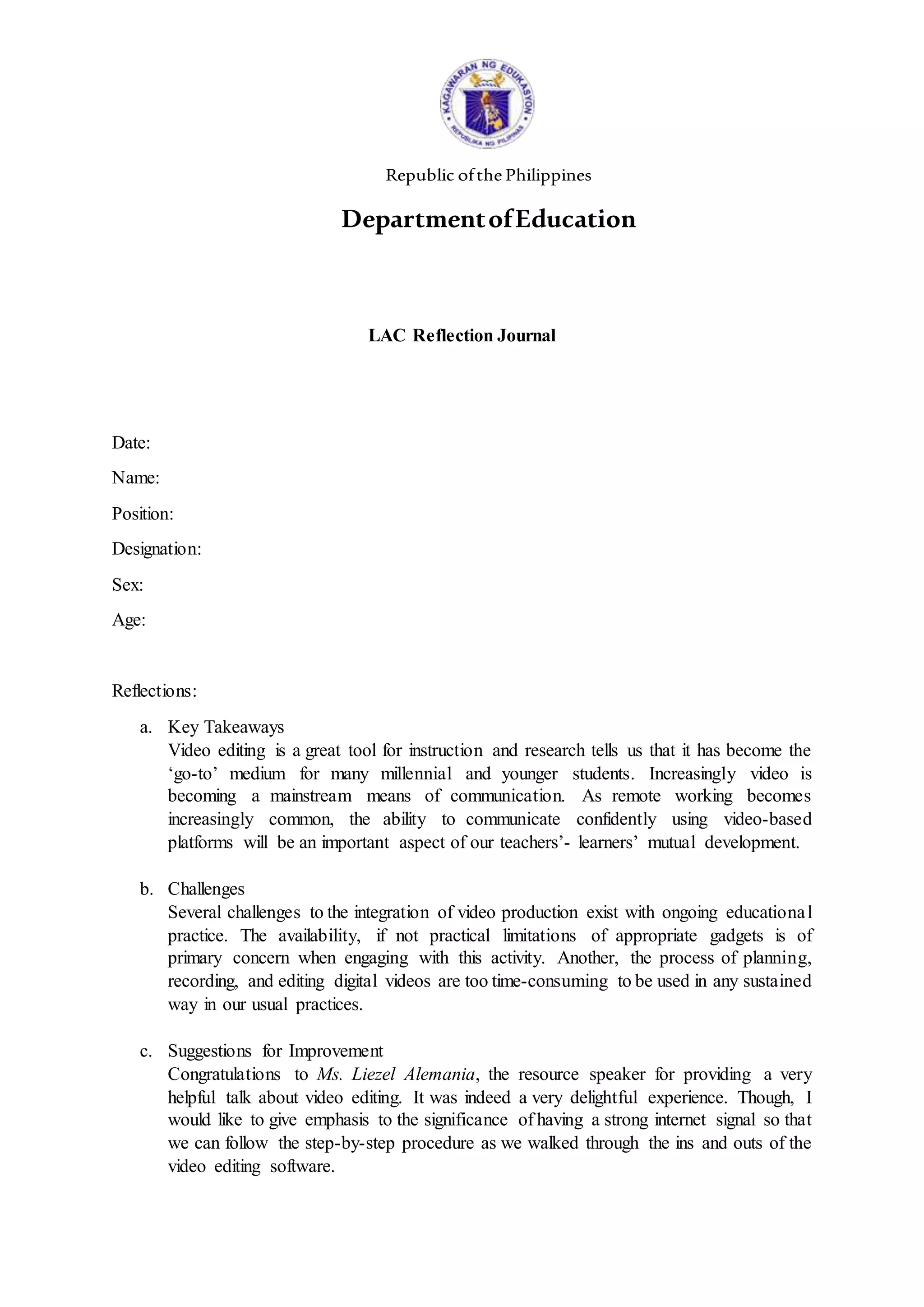 LAC Reflection Journal - Video Editing Tools and Applications template.docx